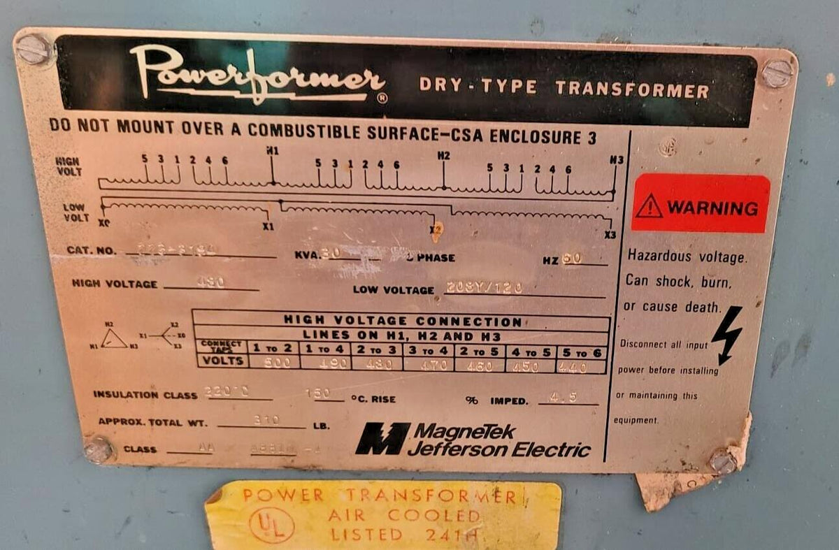 30 KVA Transformer Powerformer 223-3194 Dry 480 208/120