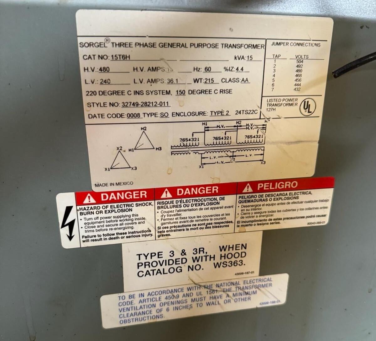 SQUARE D 15T6H 15 KVA SORGEL 3 PHASE INSULATED TRANSFORMER HV: 480 LV: