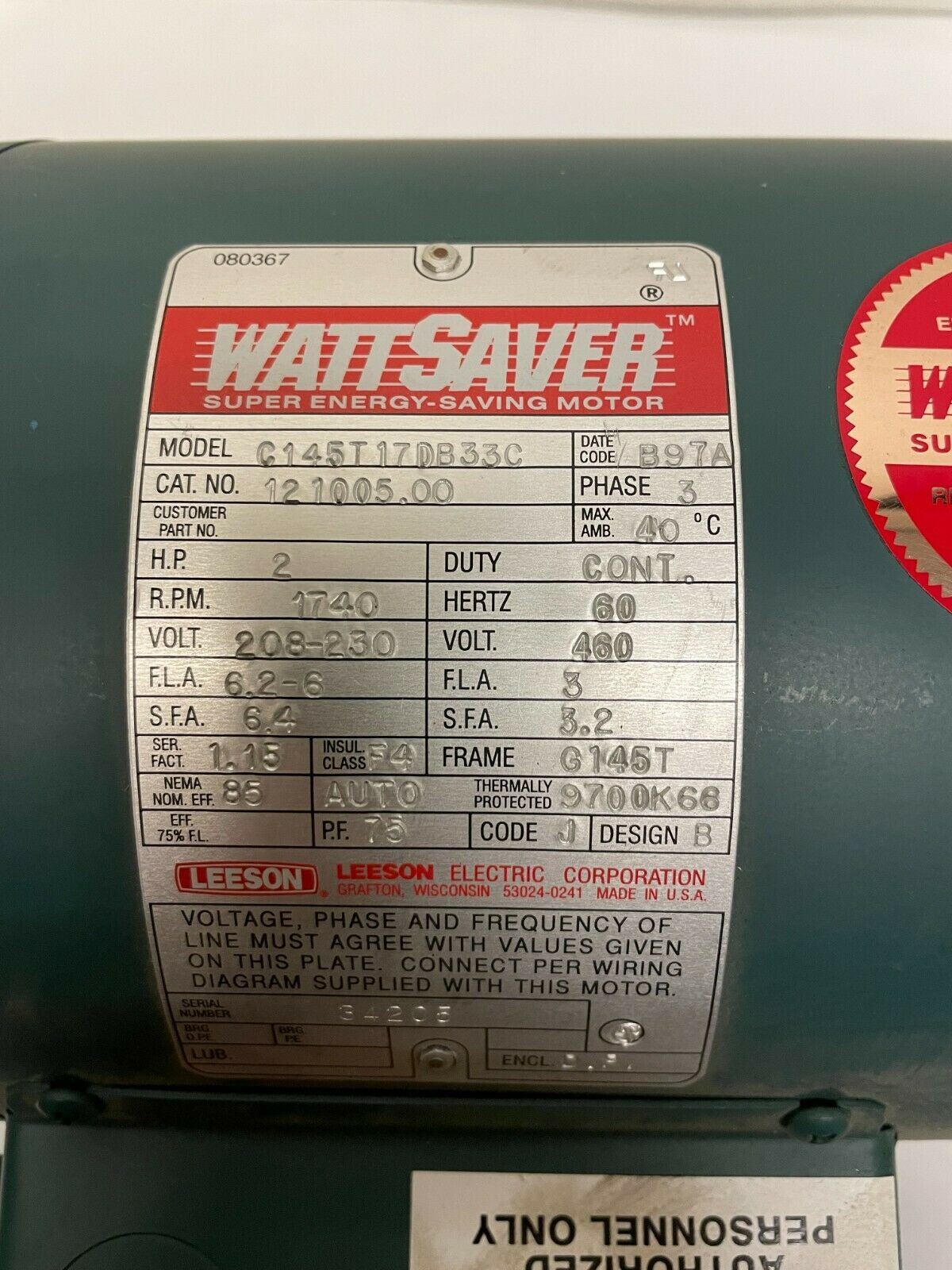 121005.00 Leeson Motor 2HP 1740 RPM 145T DP 208-230/460V 3 Phase C145T