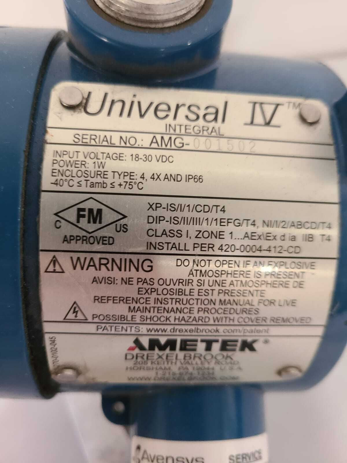 Ametek Drexelbrook 700-0002-027 Sensing 18-30 VDC Digital Universal IV