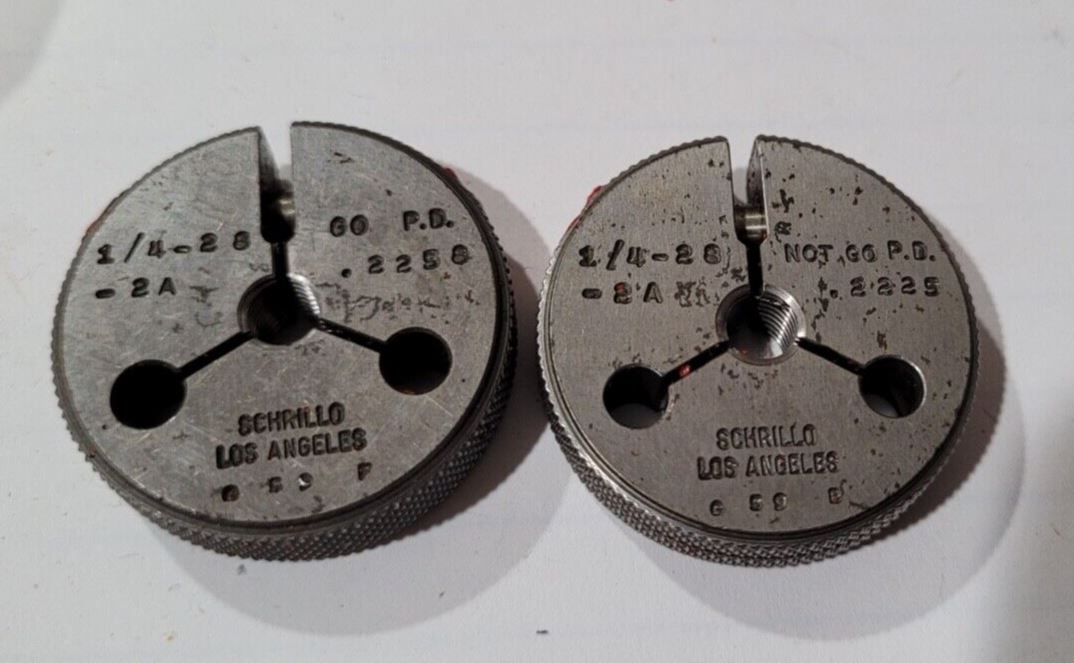 Set of 1/4-28 -2A GO and NO GO Set Thread Ring Gage P.D. .2258 and .22