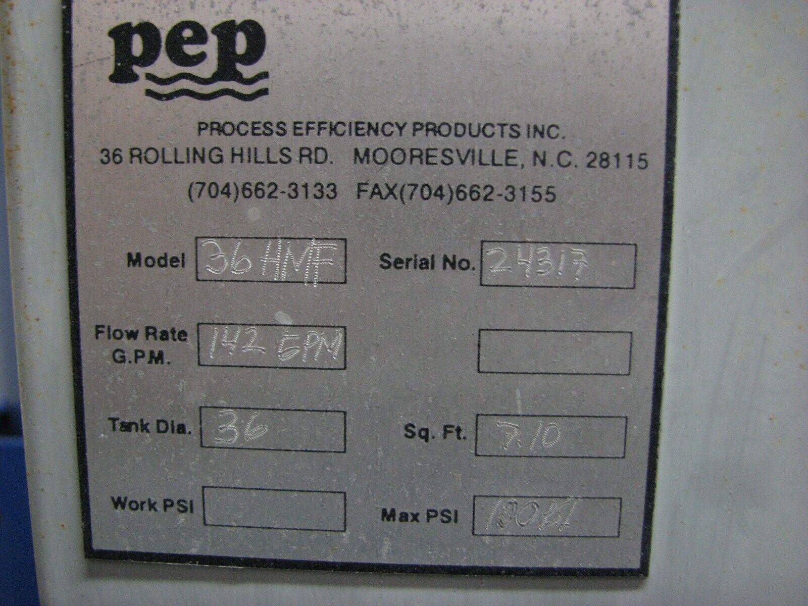 PEP HMF 36 Media Sand Filter 142 GPM 3 HP 100 PSI 36" Tank Diameter Wa