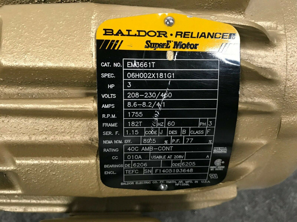 Baldor EM3661T Super E Motor 3 HP 1755RPM 208-230/460V Frame 182T New