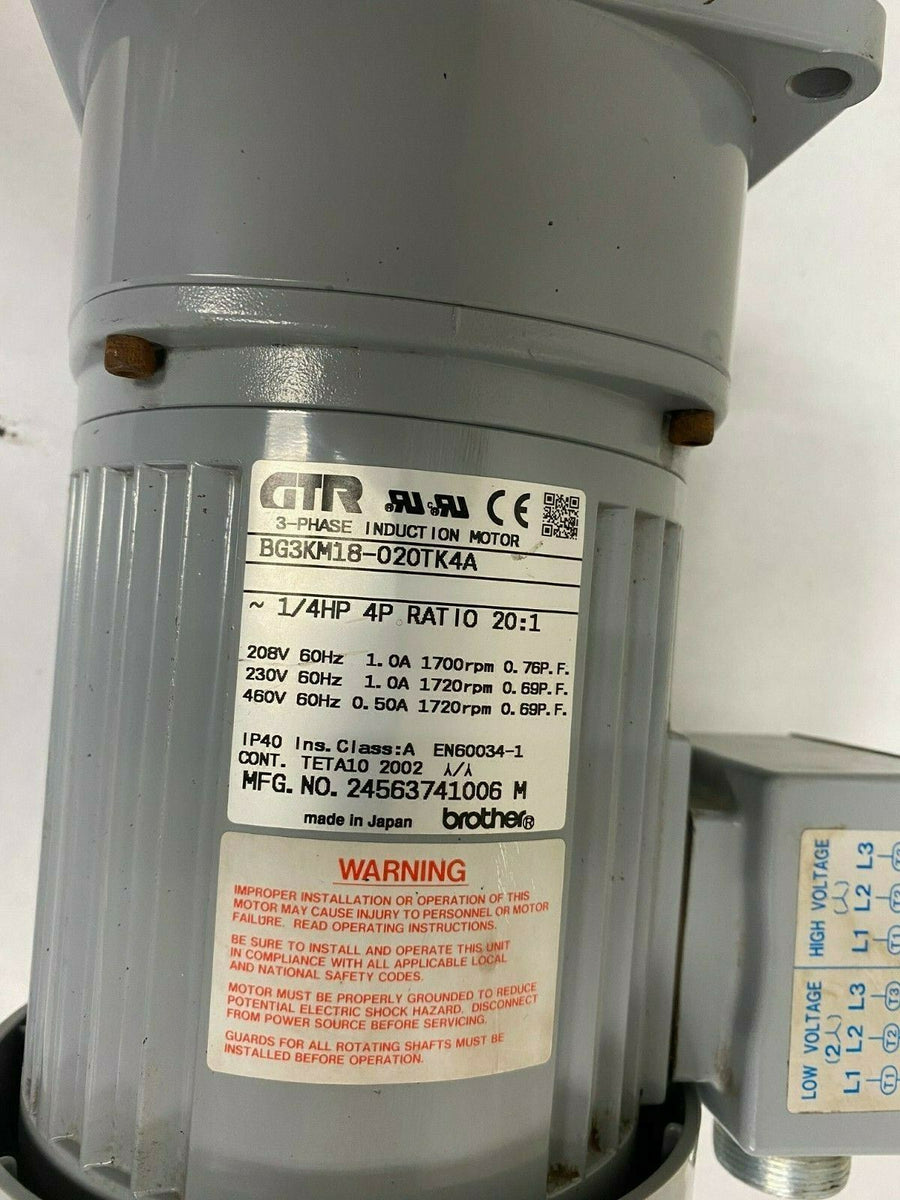 Brother BG3KM18-020TK4A GTR 3 Phase Induction Motor 1/4HP 20:1