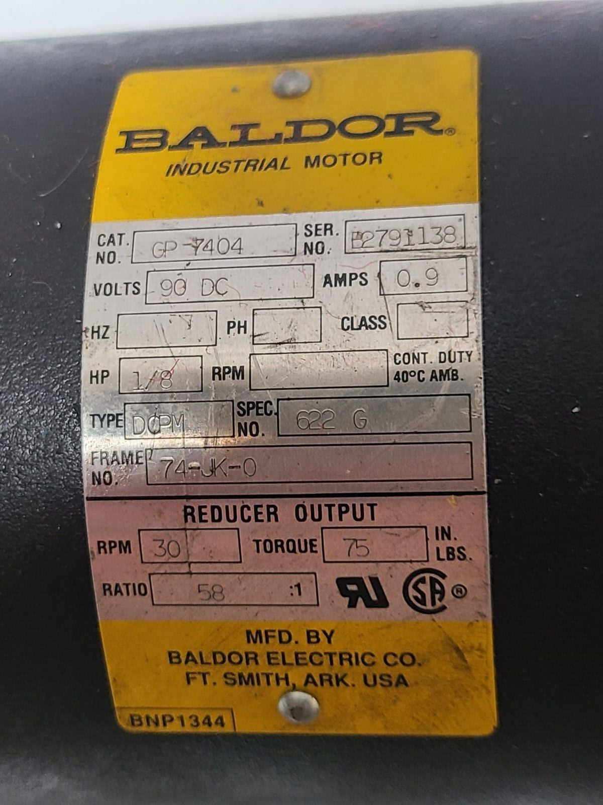 Baldor Electric GP-7404 1/8 Hp 90 VDC 58:1 74-JK Frame Motor DCPM 1/2"