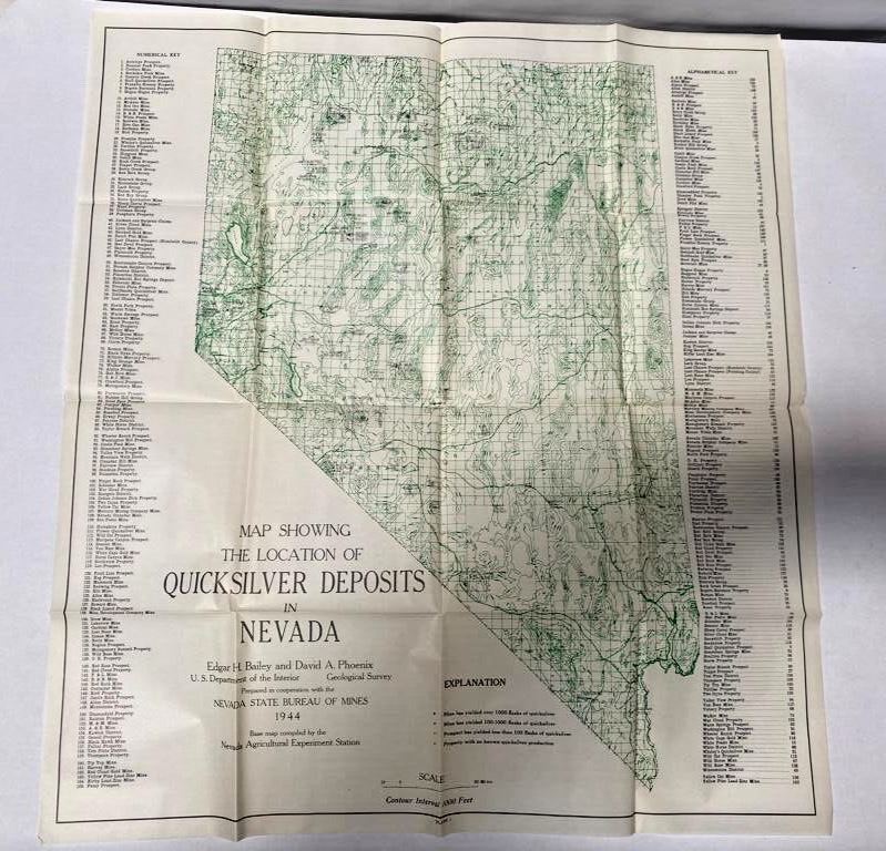 Map From 1944 Quicksilver Deposits in Nevada 24" x 21" Vintage Rare
