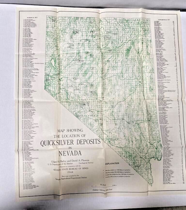 Map From 1944 Quicksilver Deposits in Nevada 24" x 21" Vintage Rare
