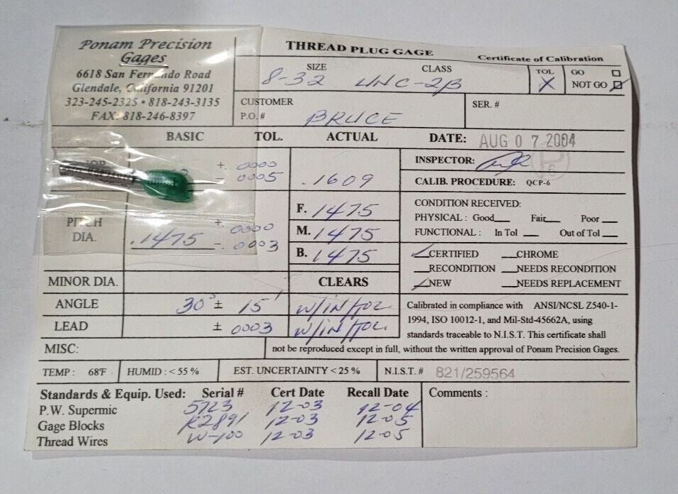 8-32 UNC-2B Thread Plug Gage NO GO P.D. .1475 Certification