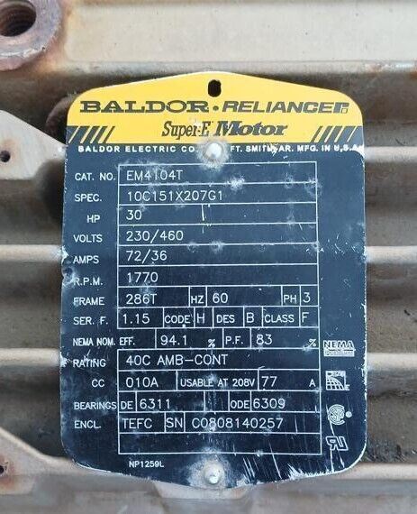 BALDOR Super-E Motor 30 HP Cat. No EM4104T Frame 286T 1770 RPM Made in