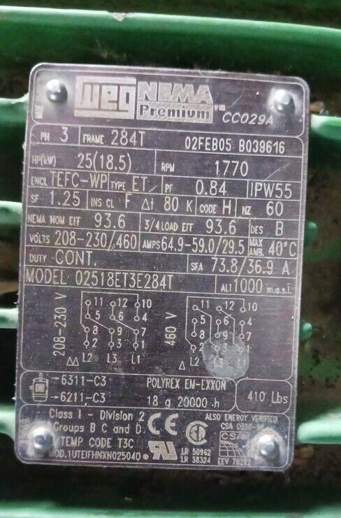 WEG NEMA Premium 25 HP 1770 RPM 284T 3Ph 208-230/460 V 60 Hz 02518ET3E