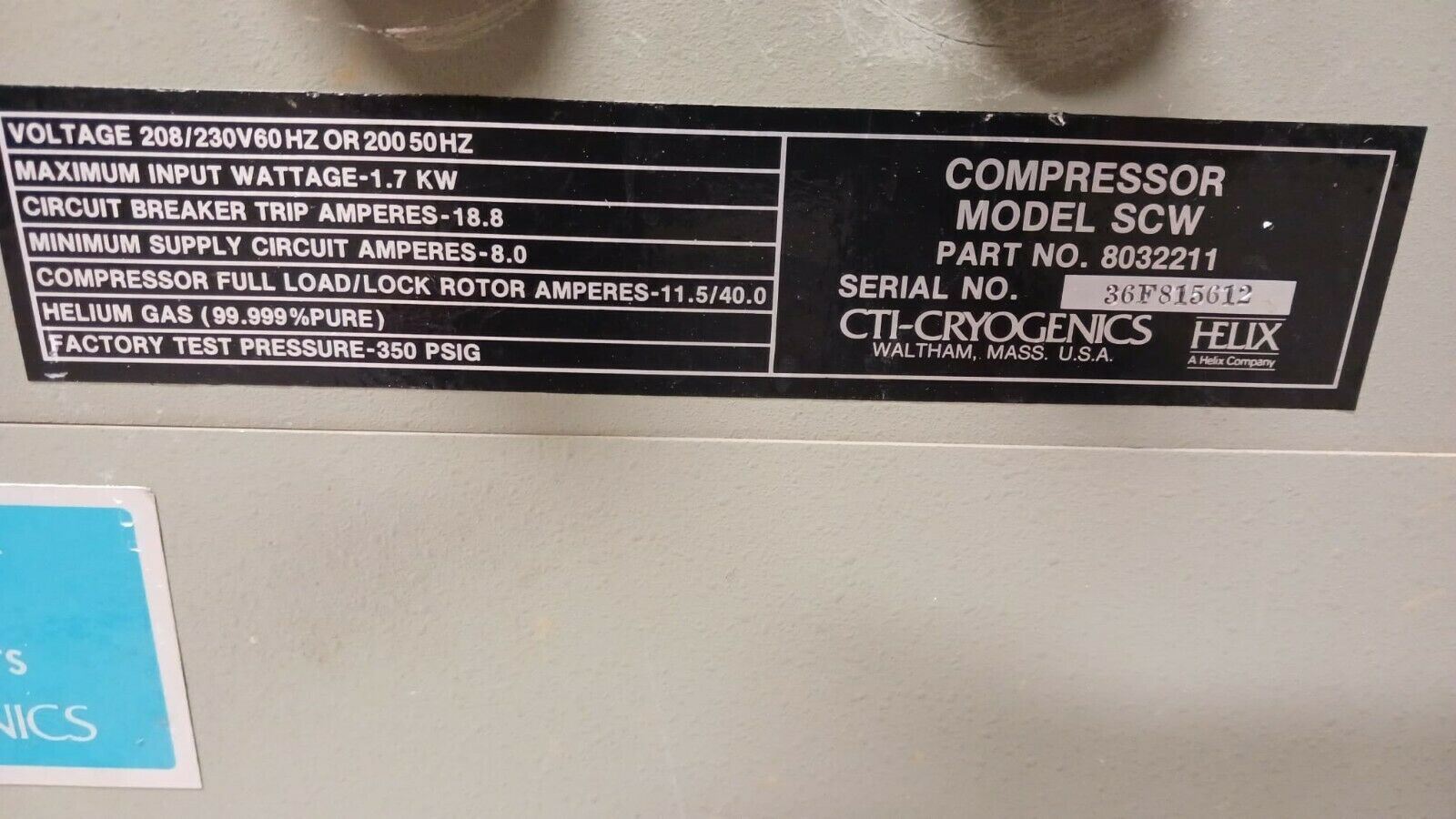 HELIX CTI CRYOGENICS SCW Helium Compressor 8032211 208 Volts