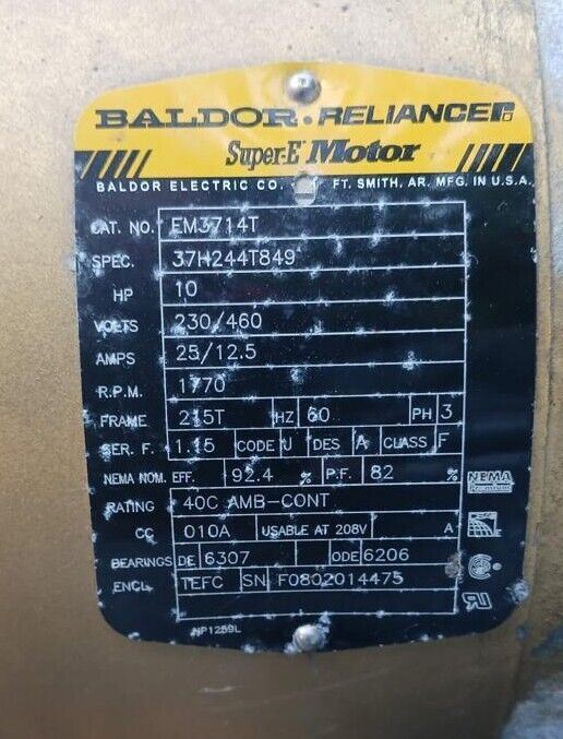 BALDOR Super-E Motor 10 HP Cat. No EM3714T Frame 215T 1770 RPM Made in