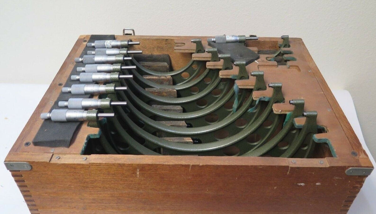9 Mitutoyo Micrometer Set 2-12" Range .0001" Graduation Wooden Case Wi
