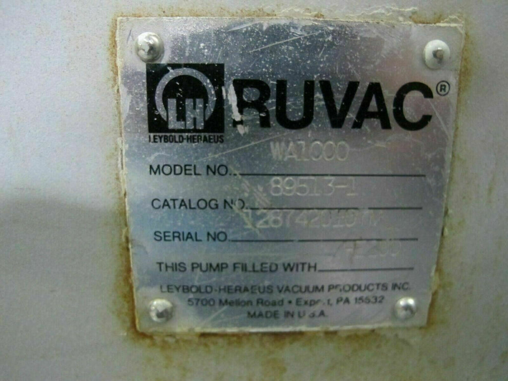 Leybold Heraeus RUVAC WA 1000 Booster Blower Vacuum Pump 5HP Drive Mot